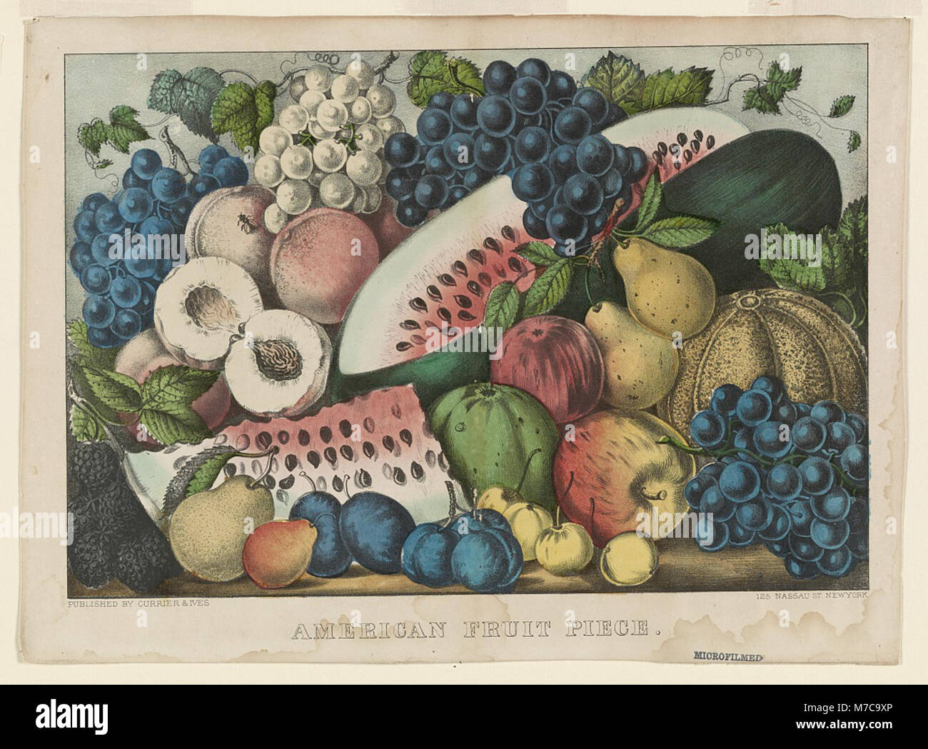 A still-life artwork featuring various American fruits, showcasing ...