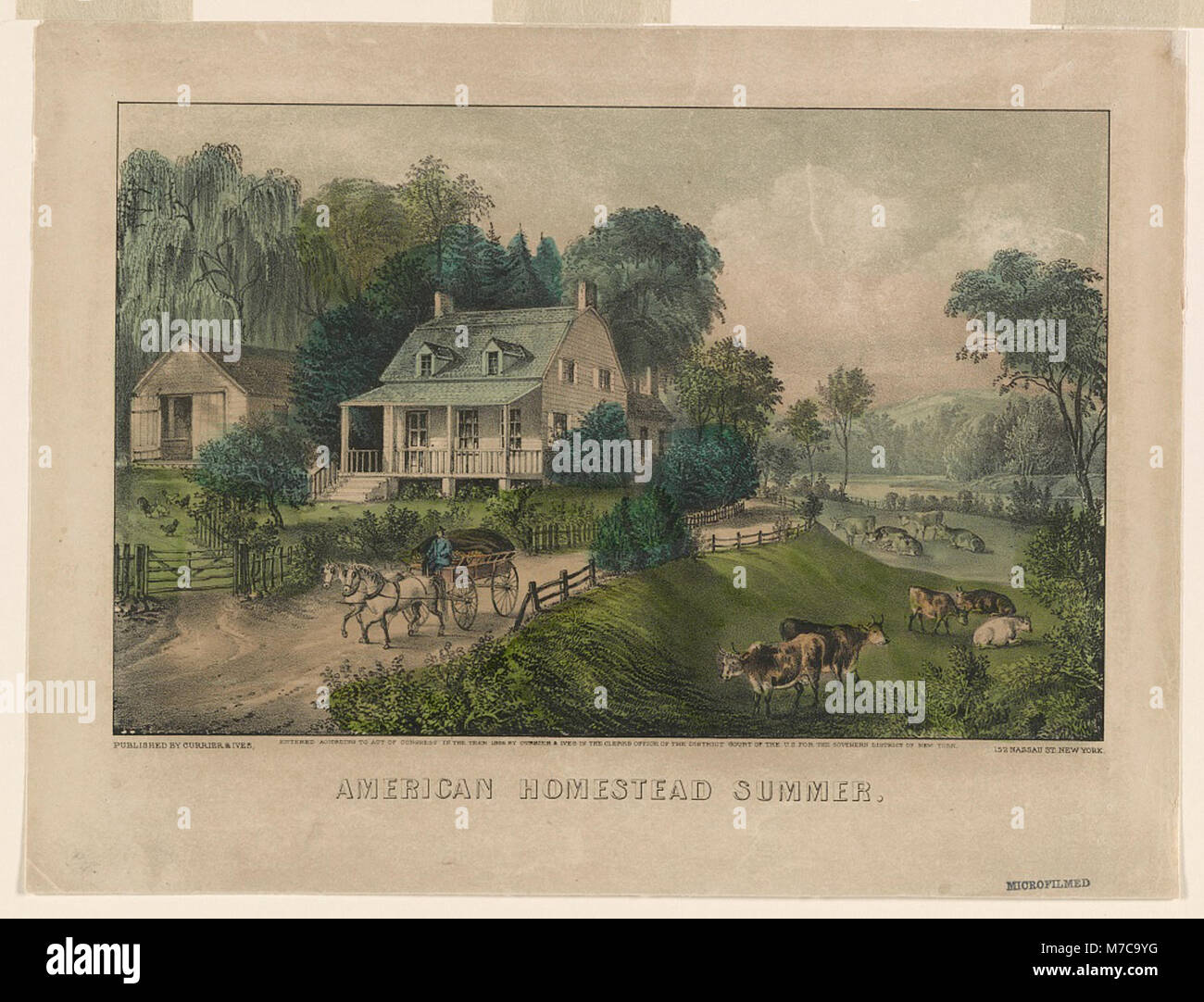 A photograph depicting a typical American homestead during the summer ...