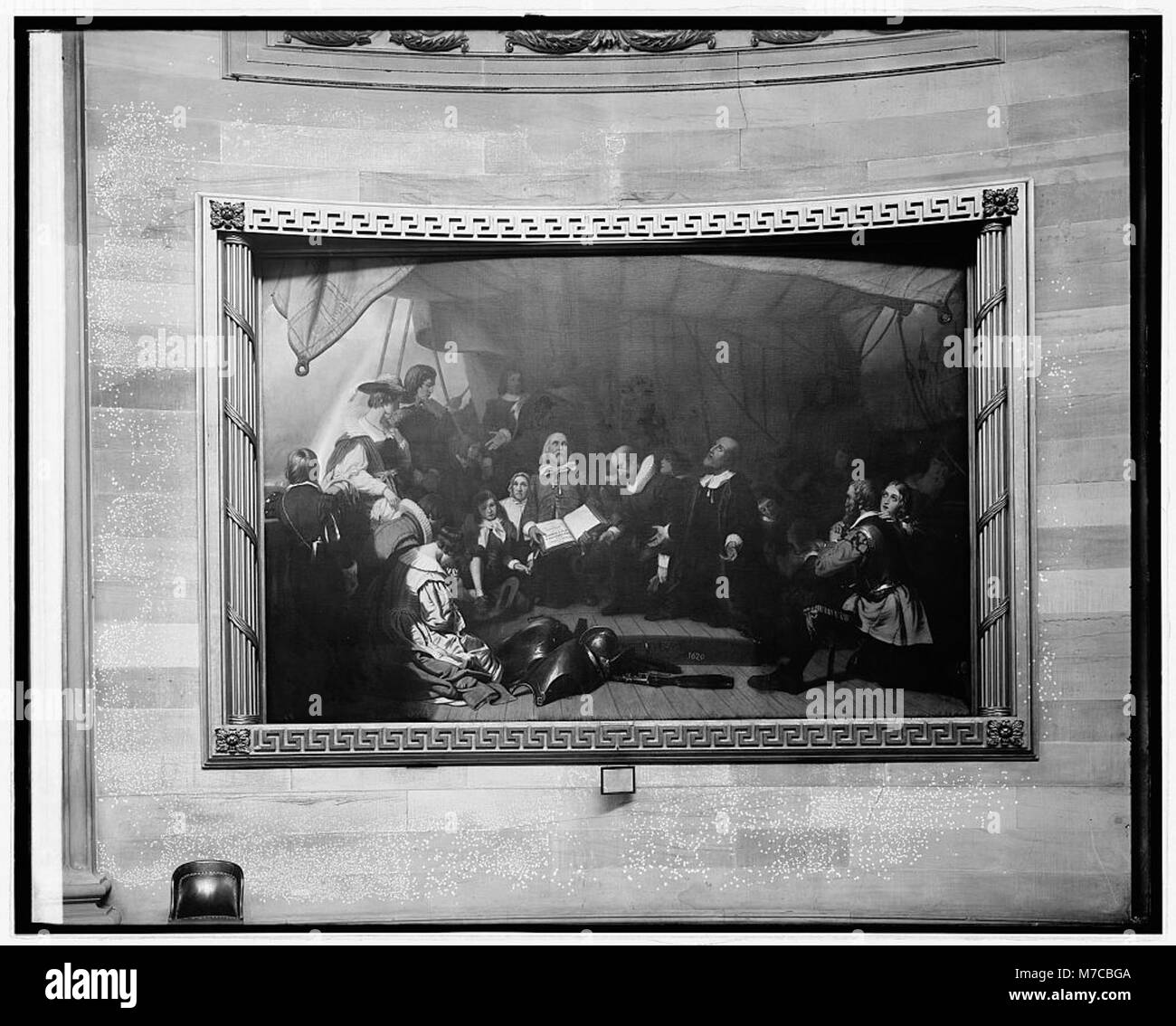 Painting titled 'Embarkation of Pilgrims at Delft-Haven' displayed in ...