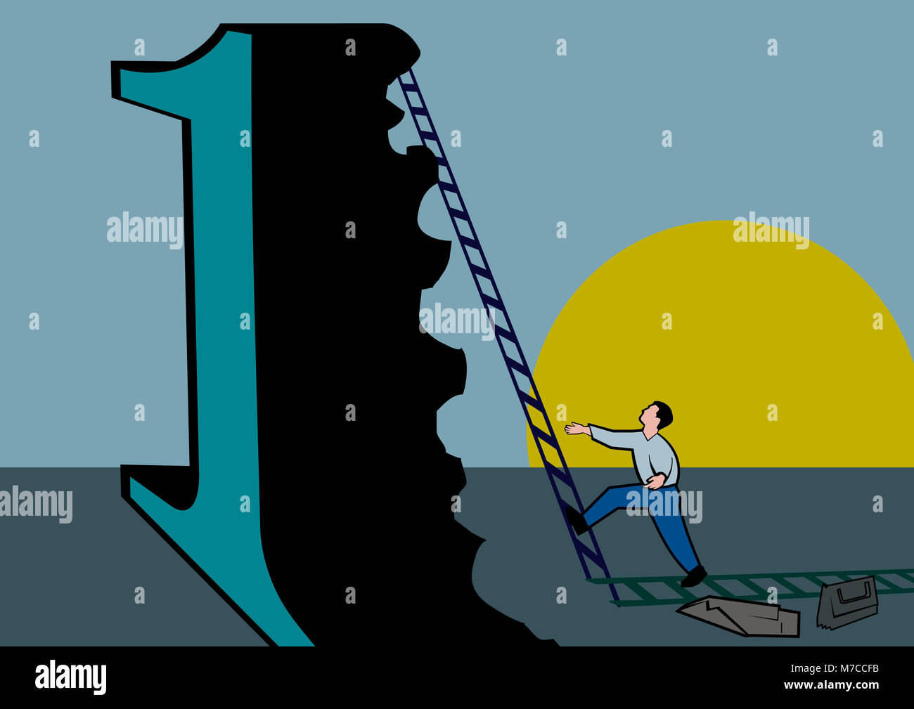 Man climbing a ladder against a number one sign Stock Photo - Alamy
