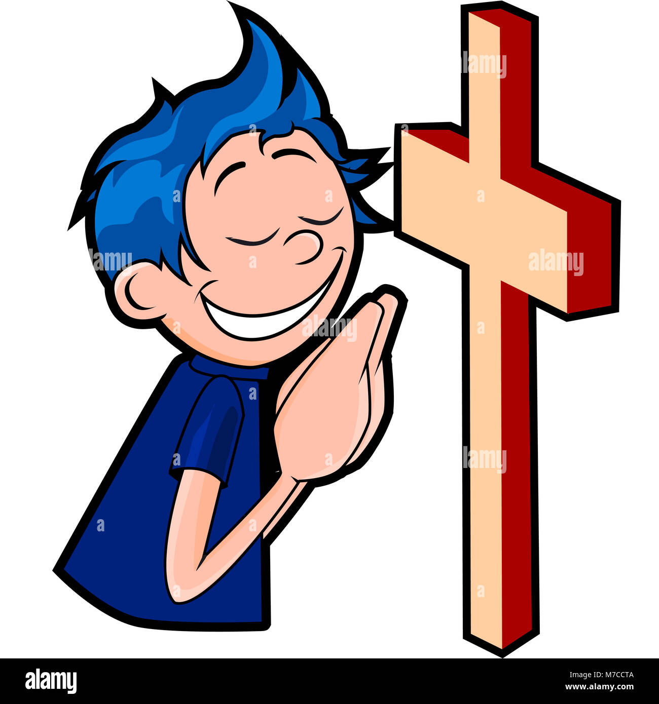 Side profile of a boy standing in prayer position in front of a cross ...