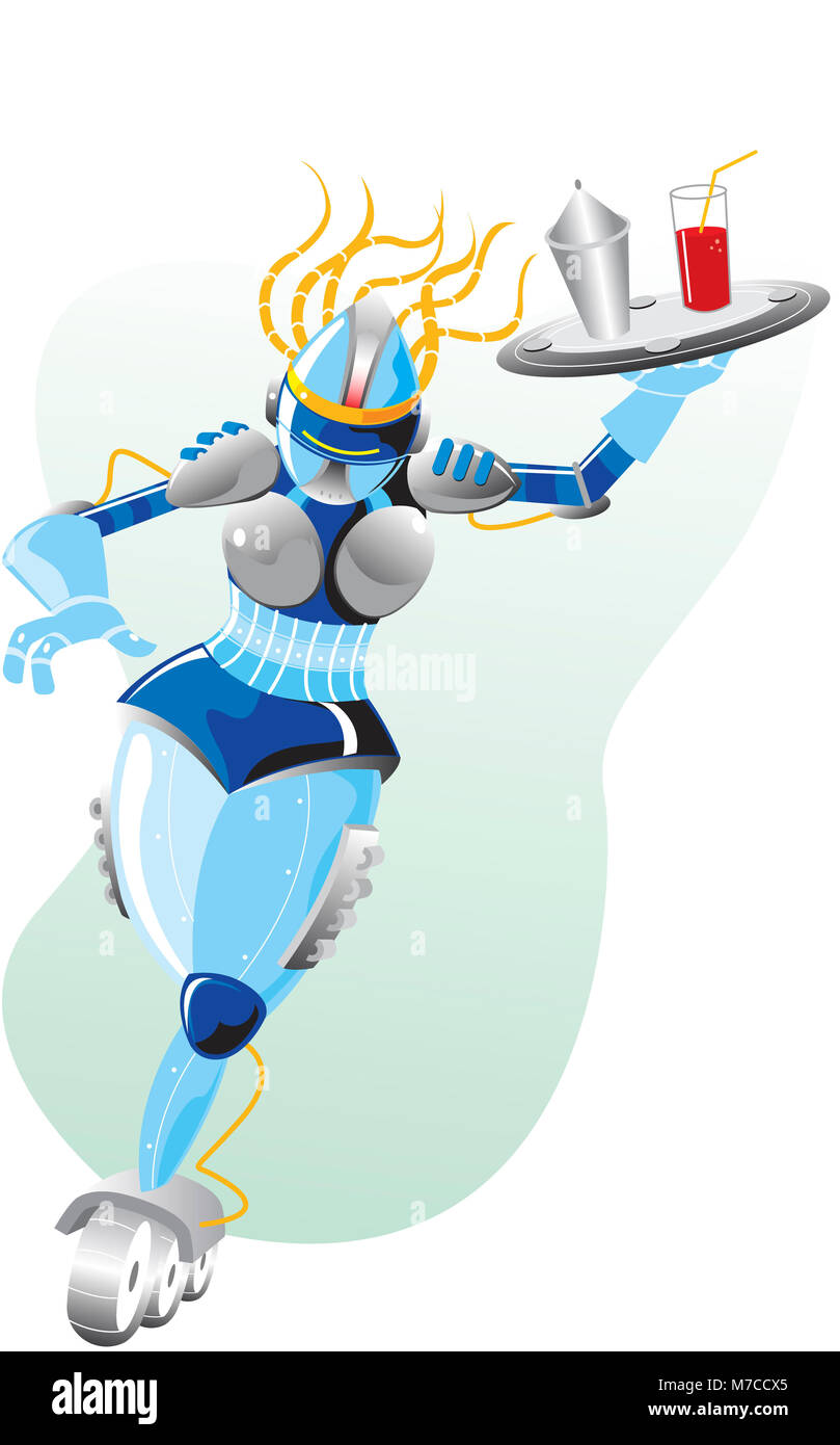 Robot carrying a tray with a glass and a cocktail shaker Stock Photo ...