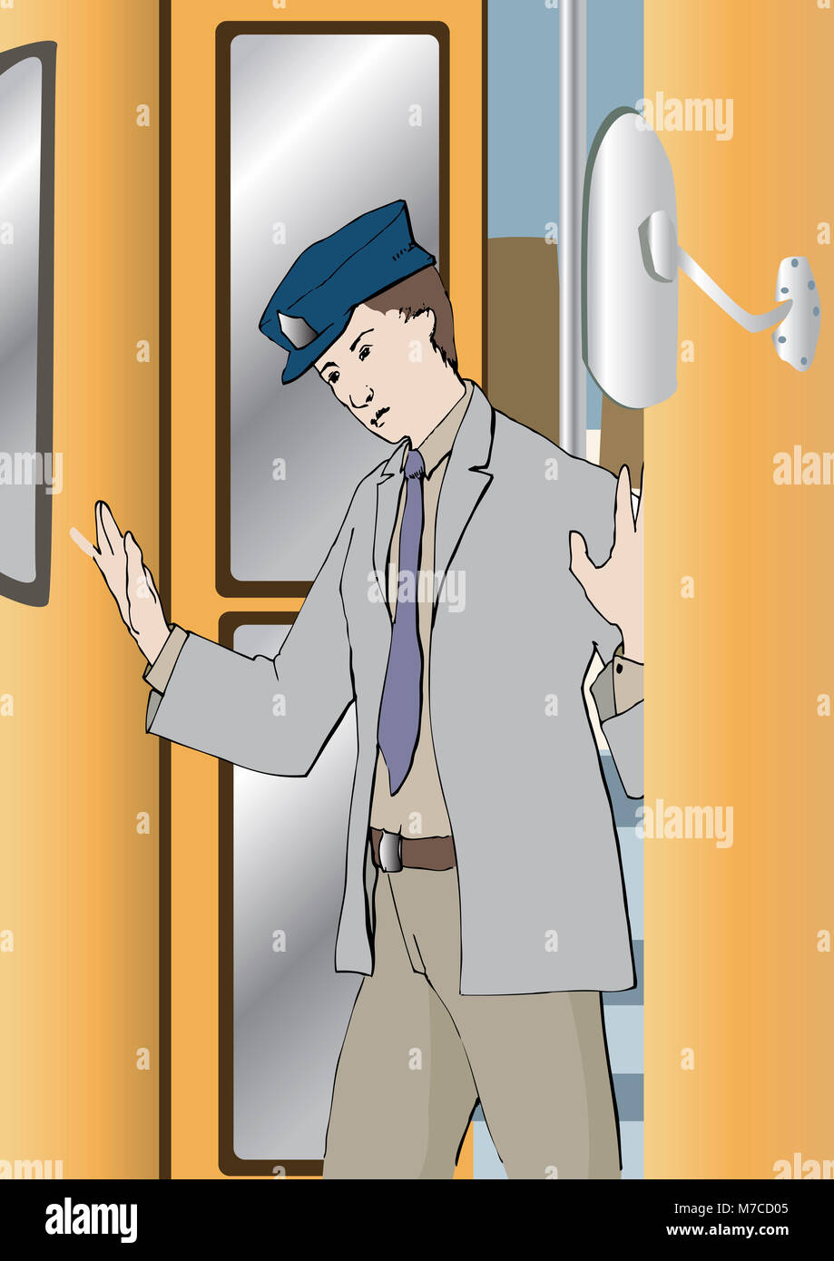 Side profile of bus driver getting down from the bus hi-res stock ...