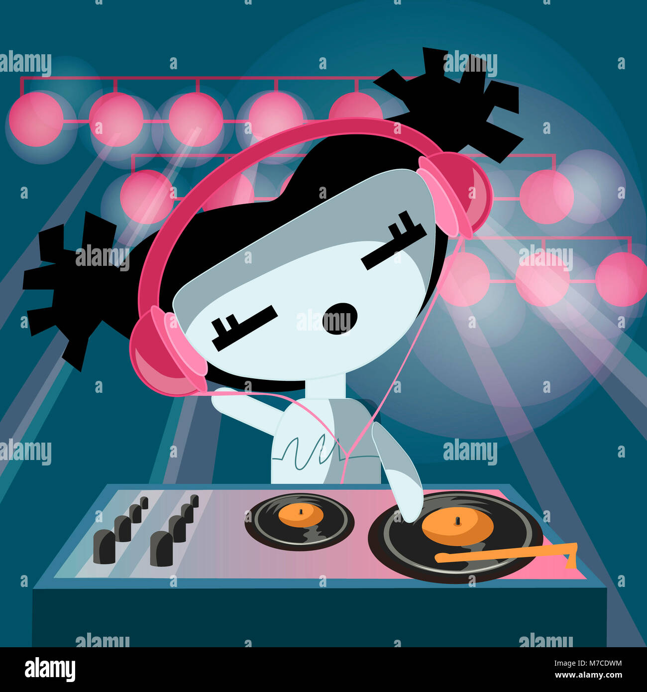 Close-up of a disc jockey wearing headphones and spinning a record ...