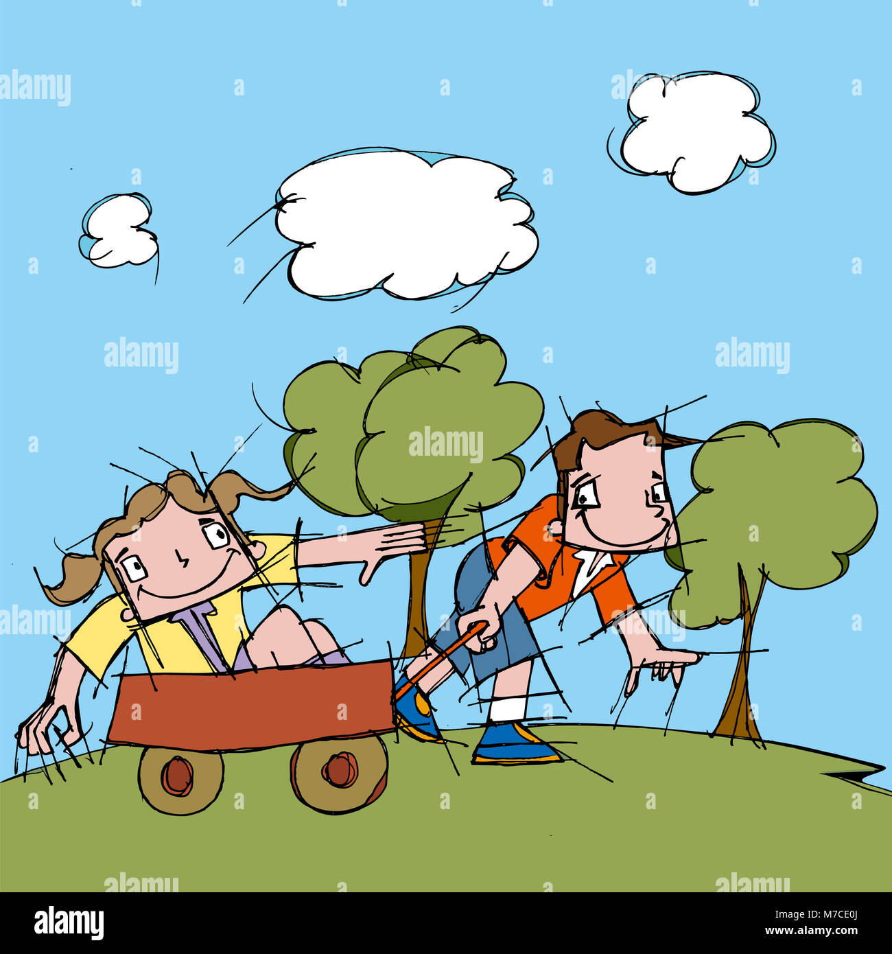 Side profile of boy pulling girl in cart hi-res stock photography and ...