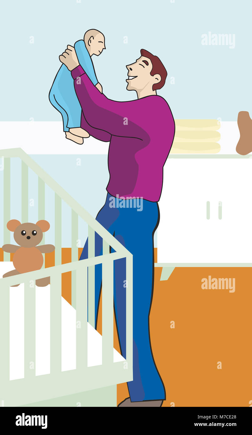Father lifting up his baby from a crib Stock Photo - Alamy