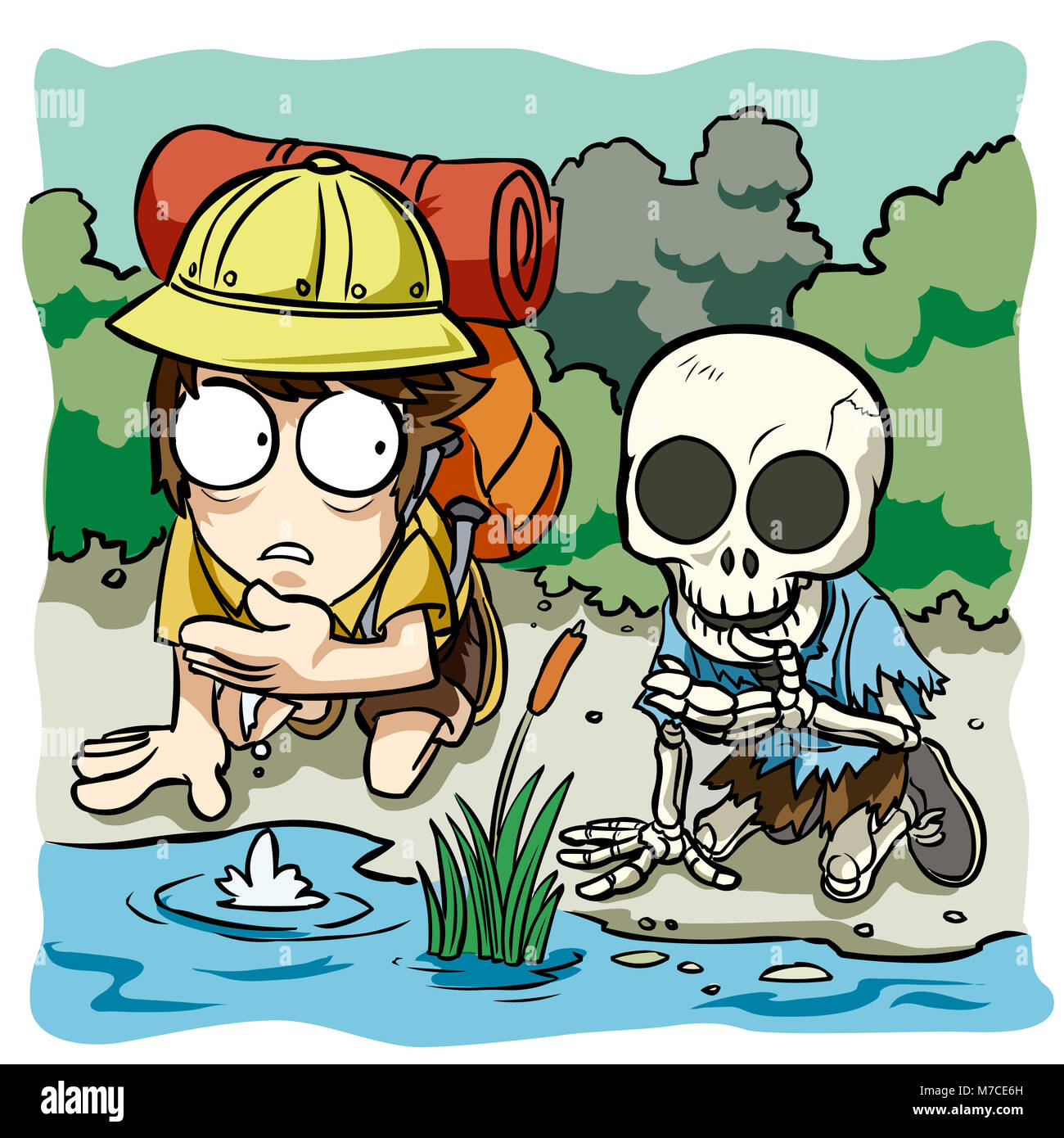 Man drinking water from a river with a human skeleton kneeling beside ...