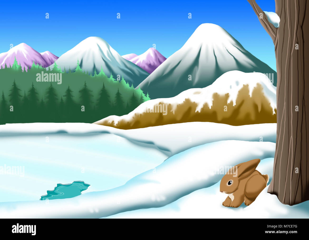 Rabbit sitting near a tree on a snow covered landscape hi-res stock ...
