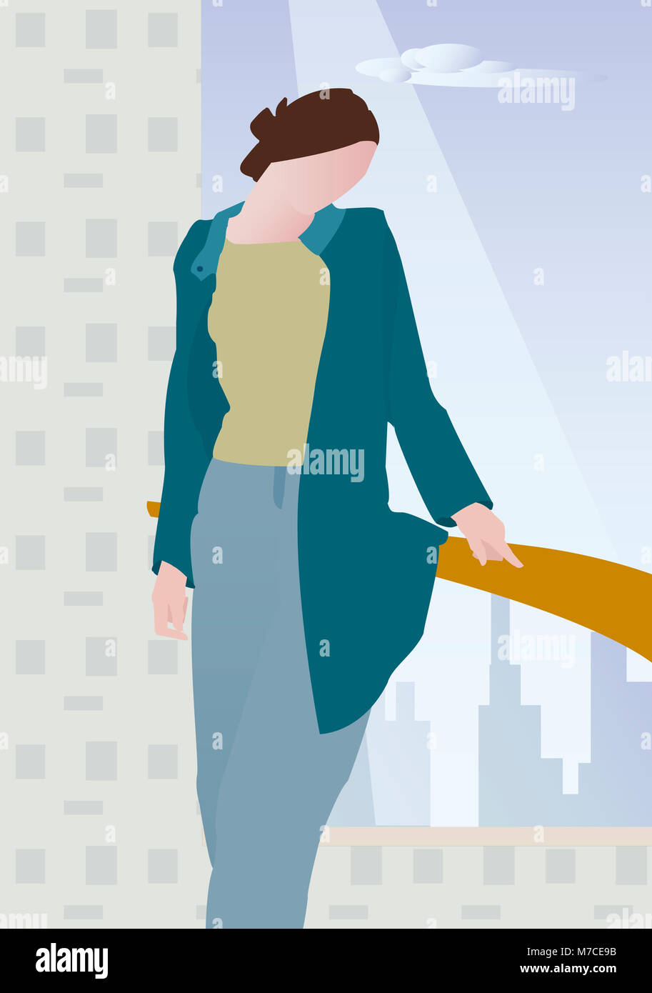 Woman leaning against a railing Stock Photo - Alamy