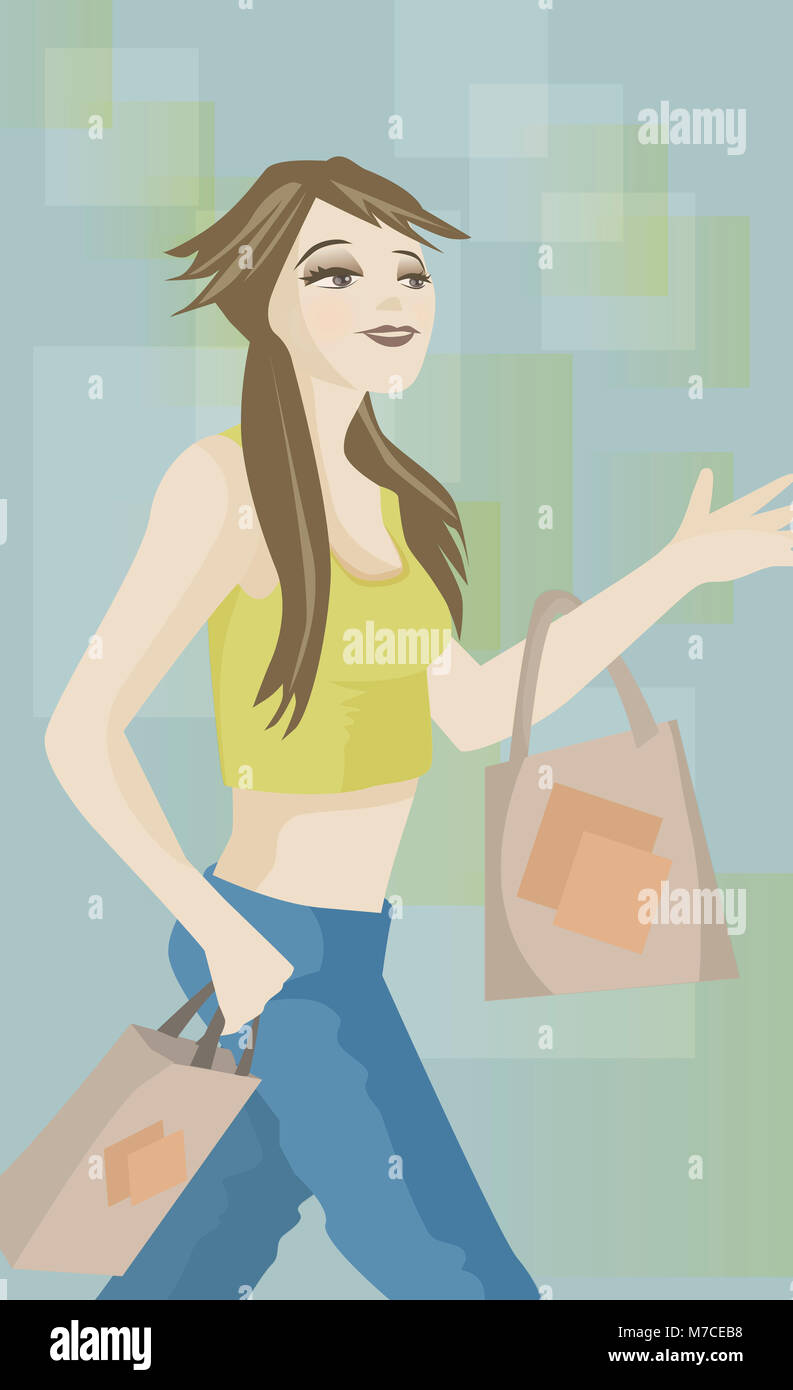 Side profile of a woman walking with shopping bags hi-res stock ...