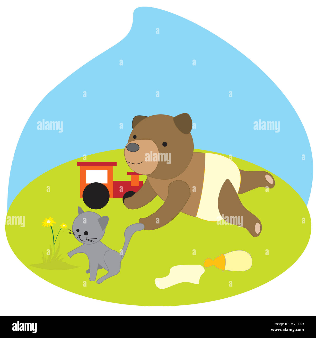 Bear cub and a kitten playing in a field Stock Photo - Alamy