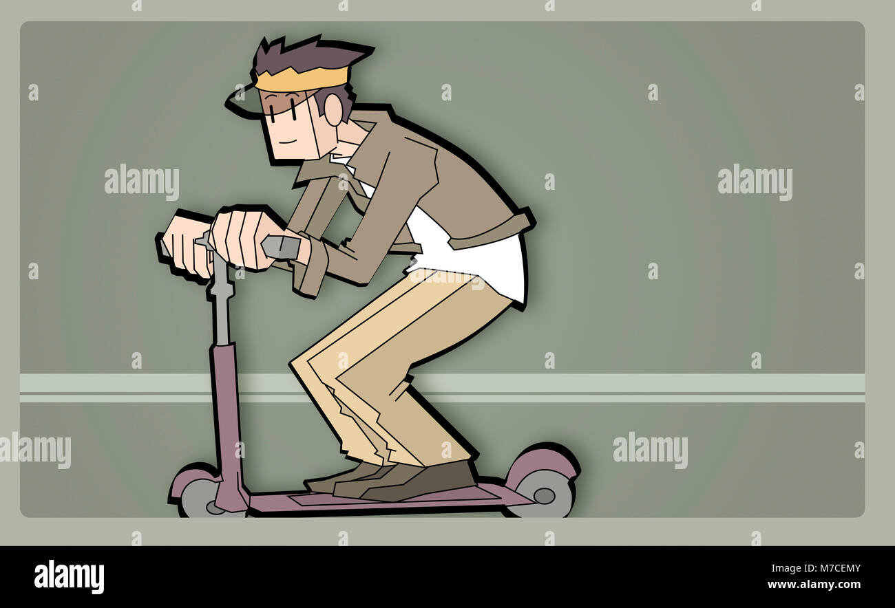 Side profile of a boy riding on a push scooter Stock Photo - Alamy