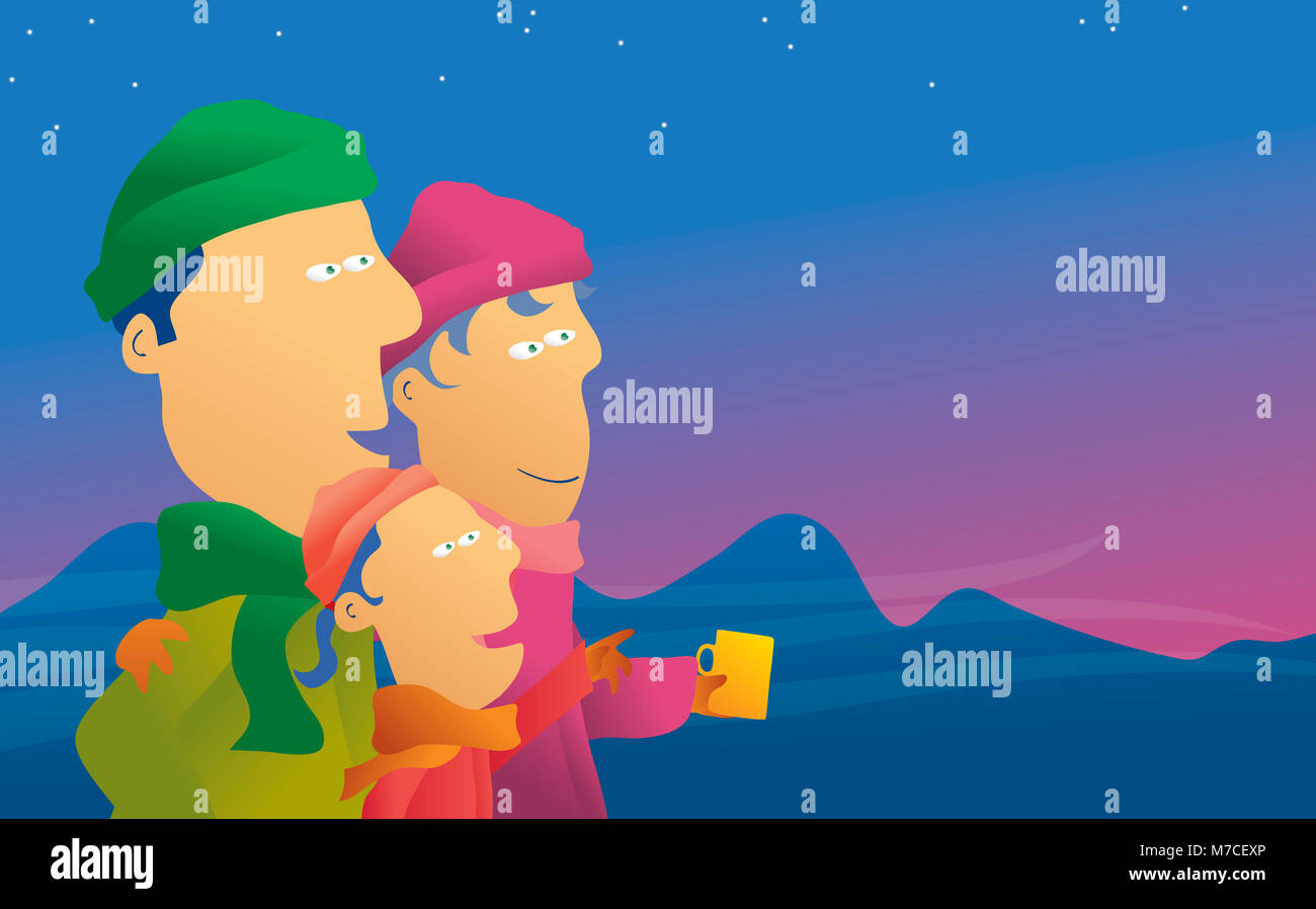 Side profile of a family looking at the night sky hi-res stock ...