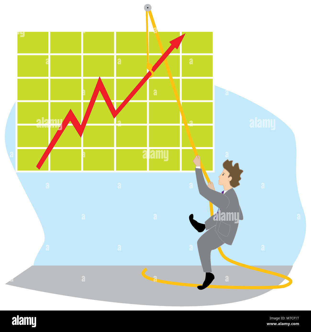 Side profile of a businessman pulling a rope attached to a line graph ...