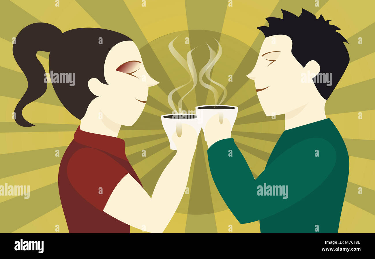 Side profile of a woman and a man toasting tea cups Stock Photo - Alamy