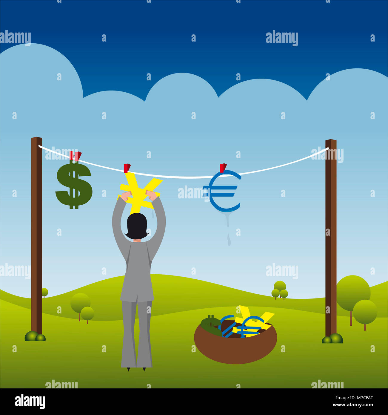 Rear view of a businesswoman hanging currency signs on a clothesline ...