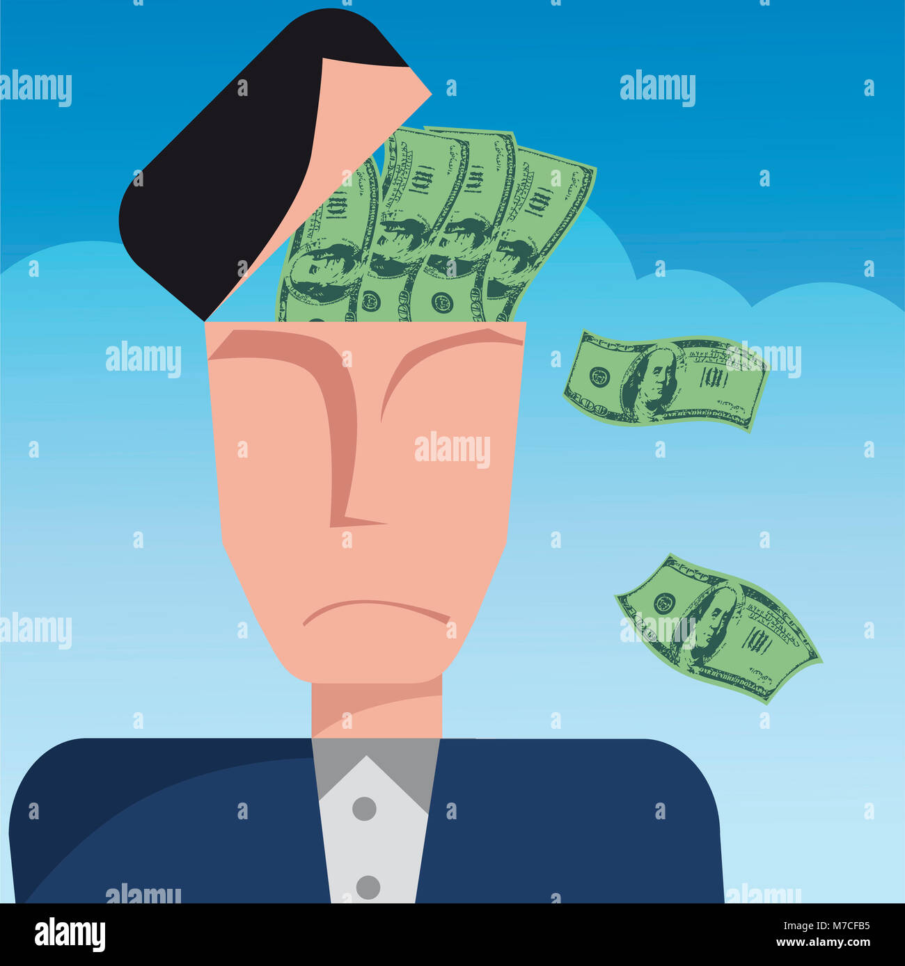 Close up of money falling out the head of a man hi-res stock ...