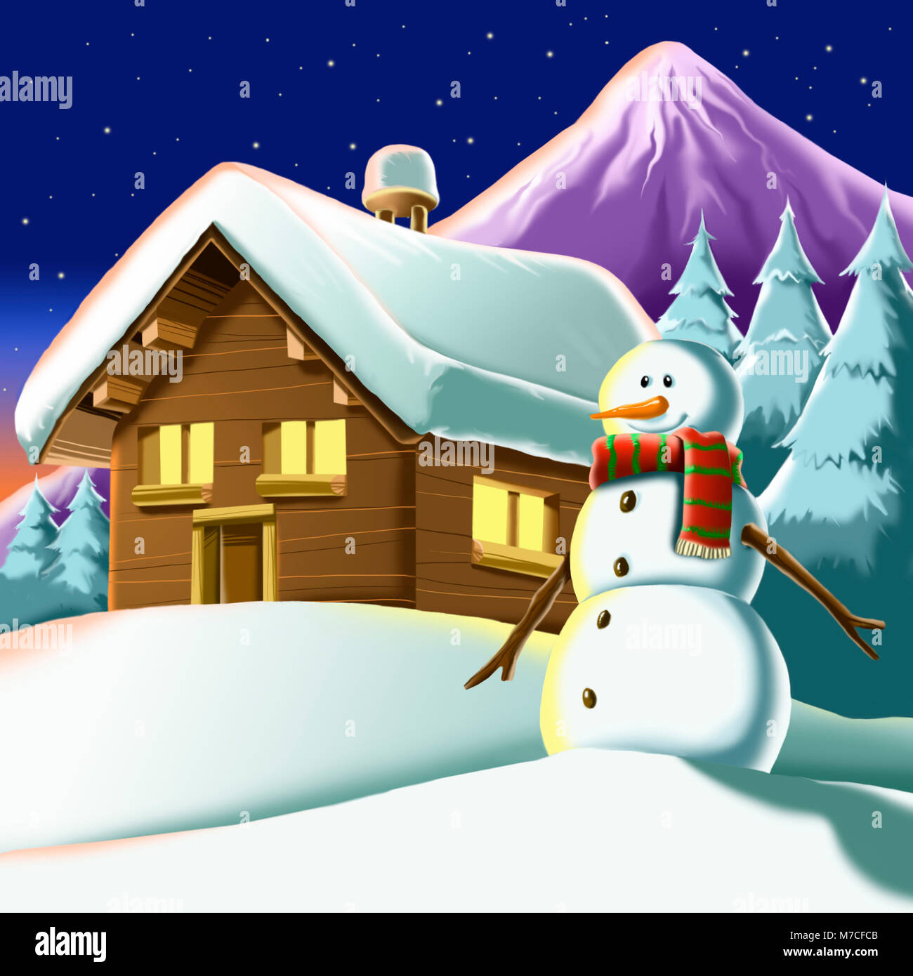 Snowman in front of a house Stock Photo - Alamy