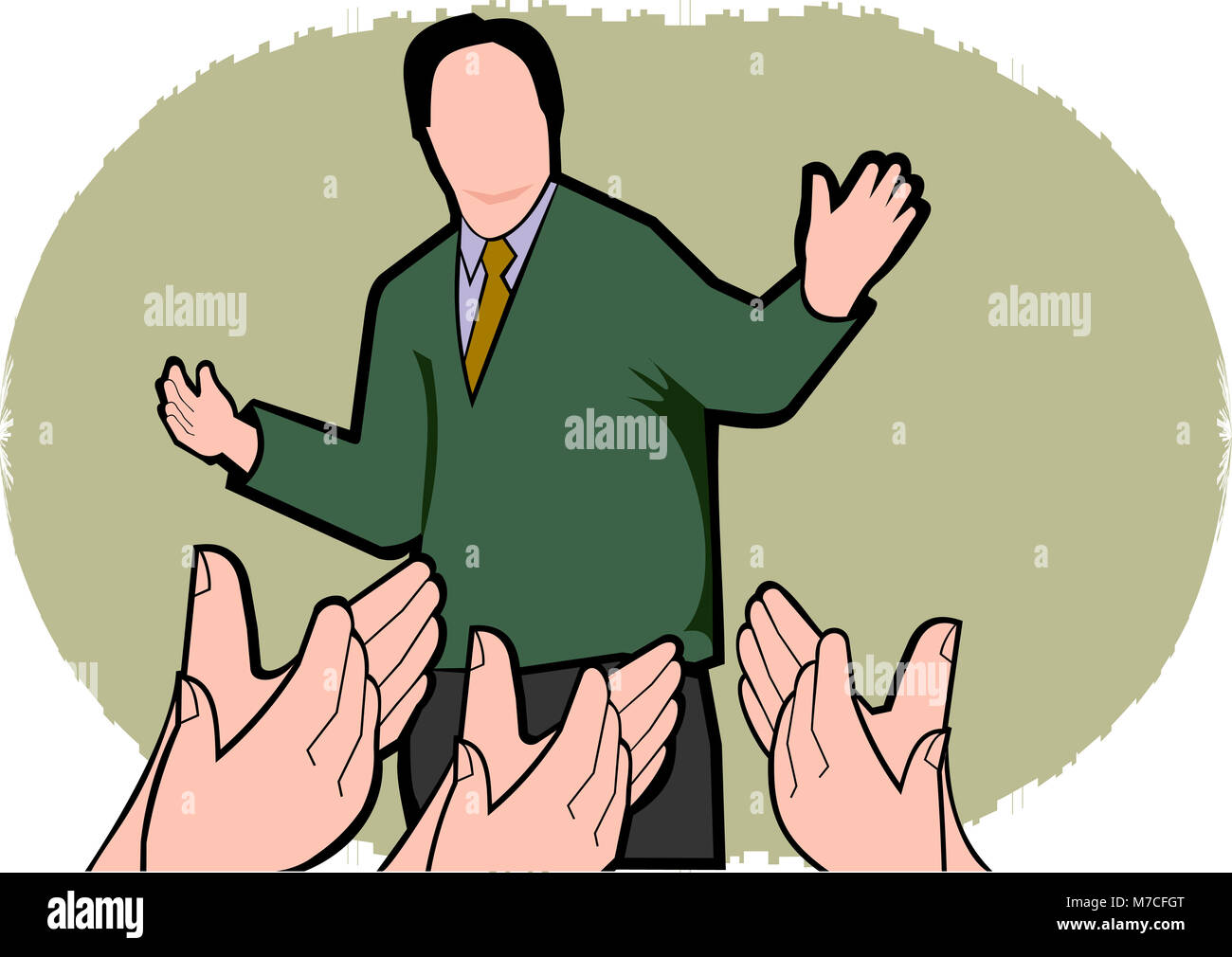 Man standing with his arms outstretched with people clapping in front ...