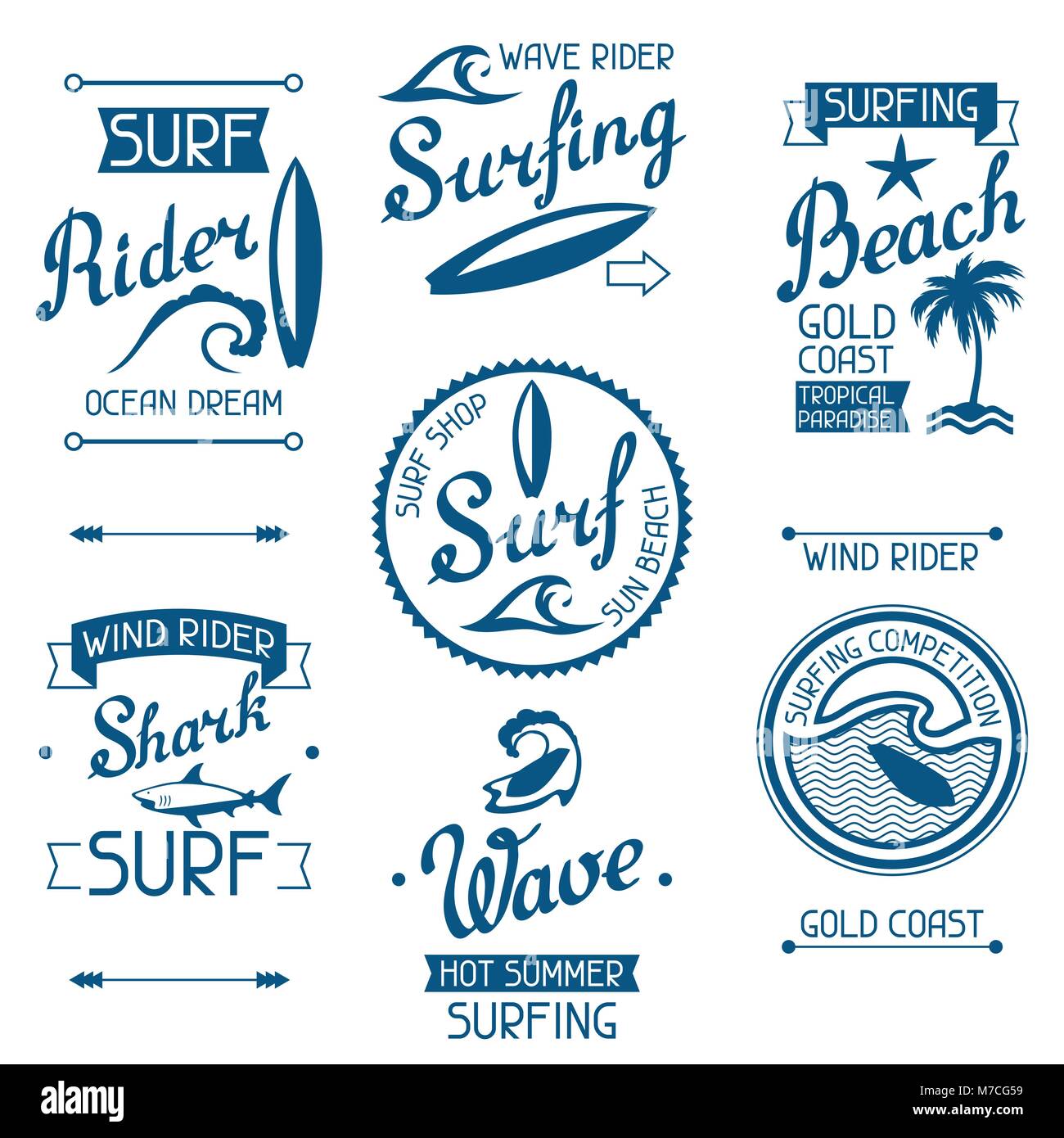 Set surfing labels and emblems on white background Stock Vector Image ...