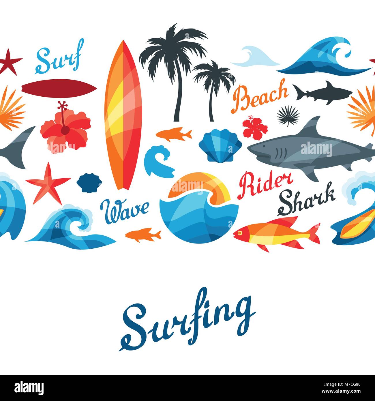 Seamless pattern with surfing design elements and objects Stock Vector ...