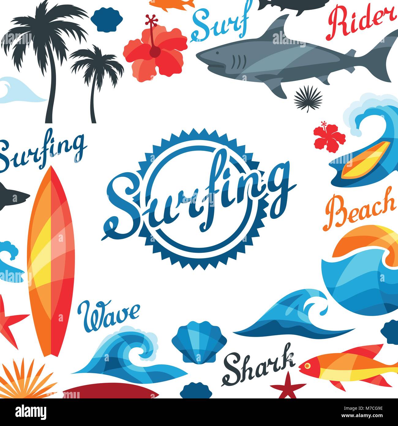 Background with surfing design elements and objects Stock Vector Image ...