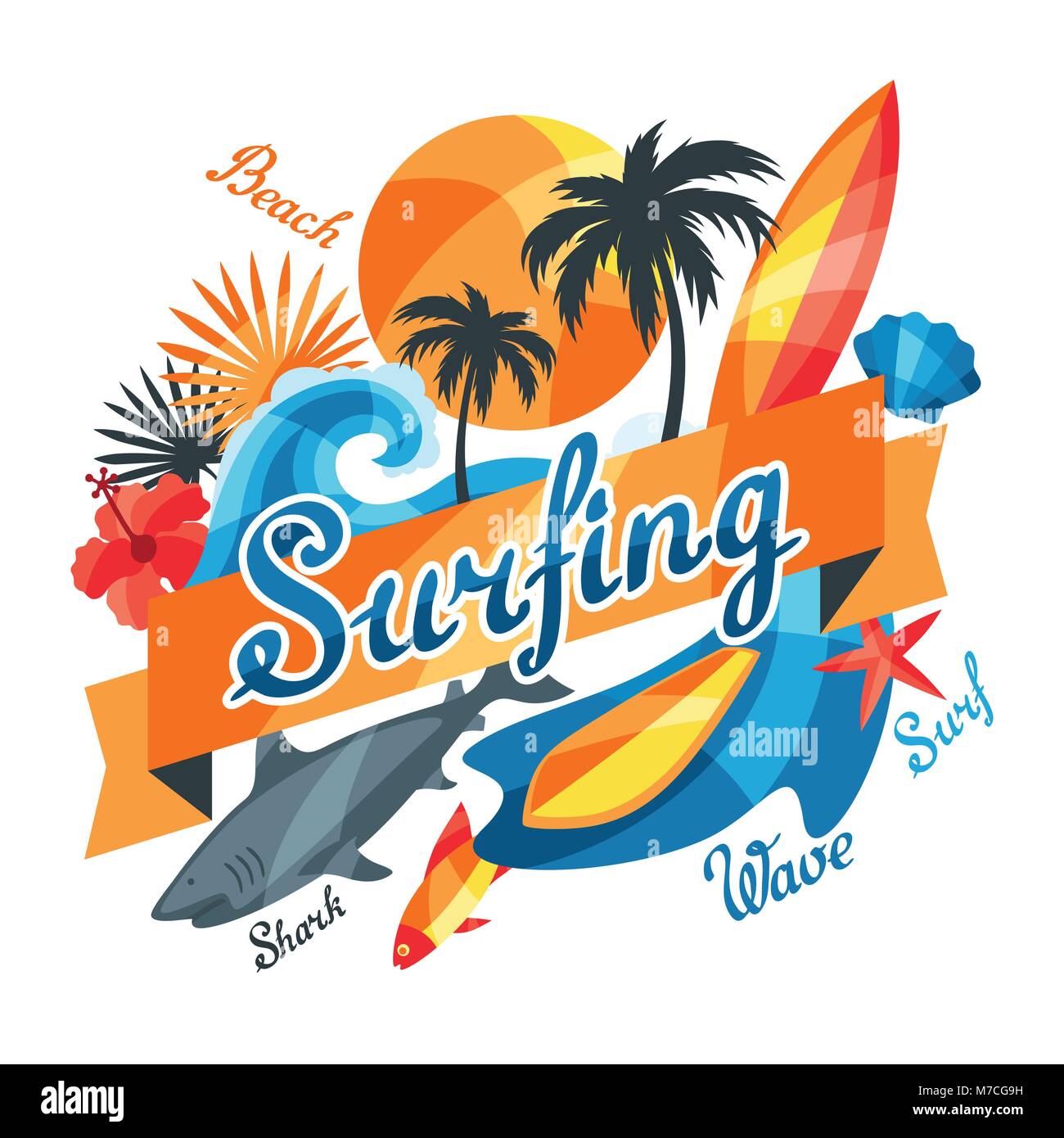 Background with surfing design elements and objects Stock Vector Image ...