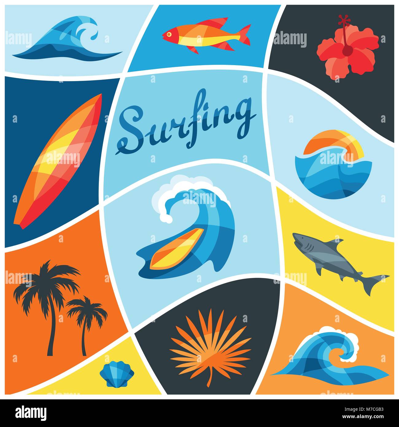 Background with surfing design elements and objects Stock Vector Image ...