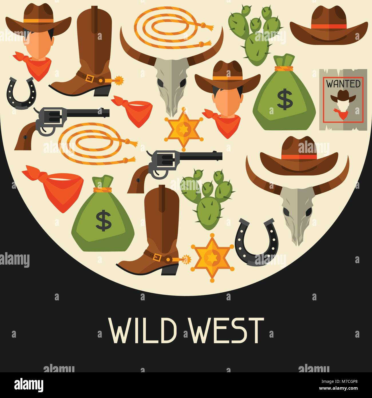 Wild west background with cowboy objects and design elements Stock ...