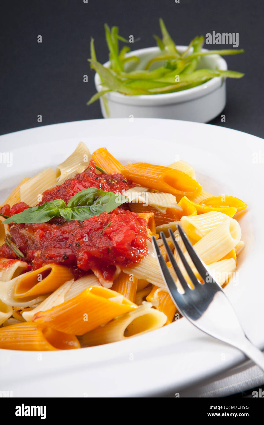 Dish of rigatoni pasta topped with tomato concasse Stock Photo - Alamy