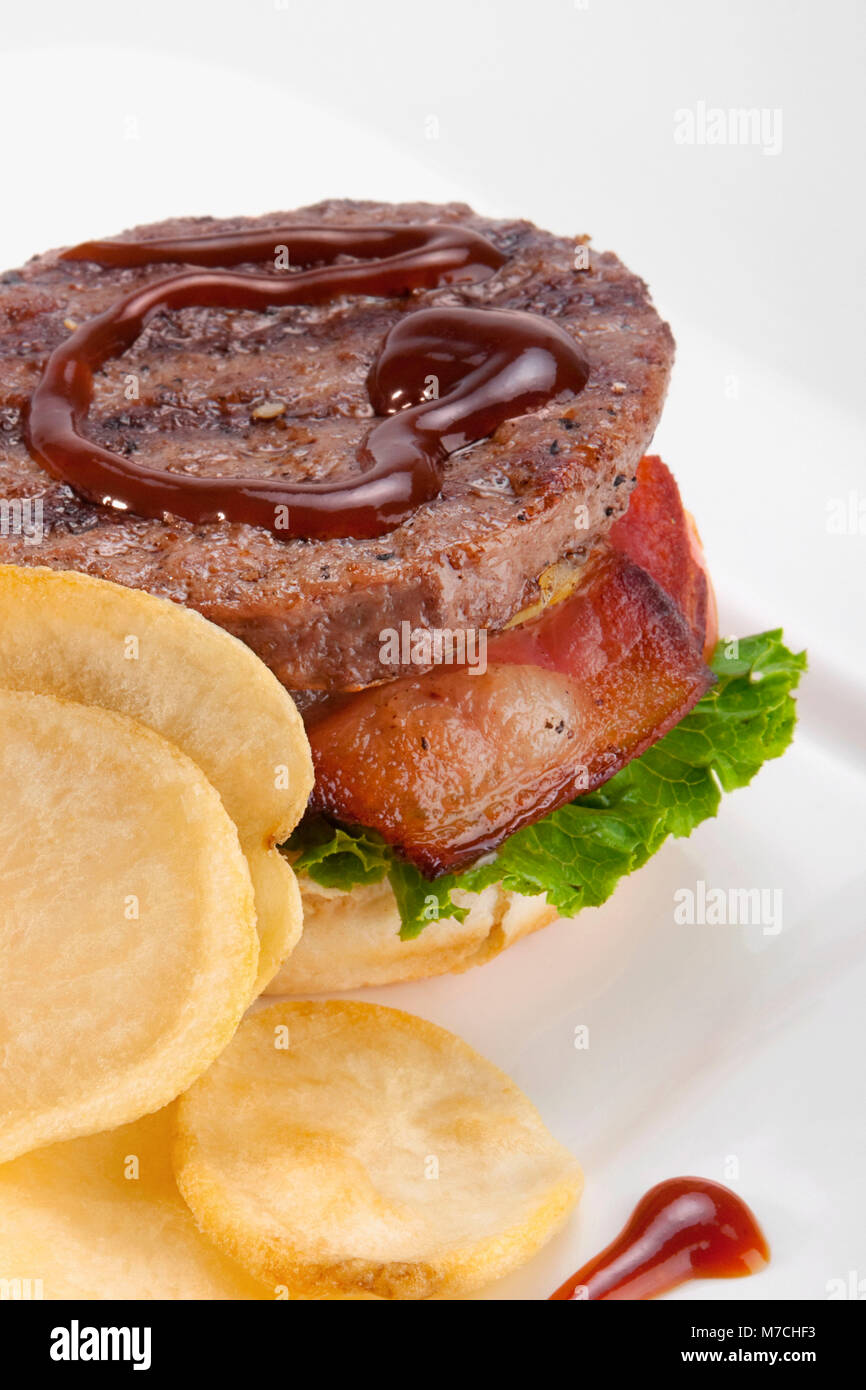 High angle view of an open burger with chips hi-res stock photography ...