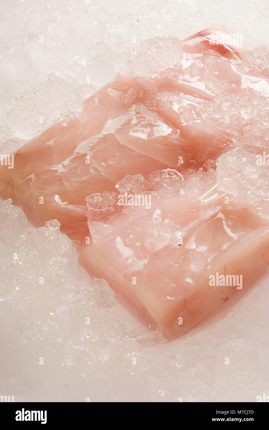 High angle view of fish steaks on ice Stock Photo - Alamy