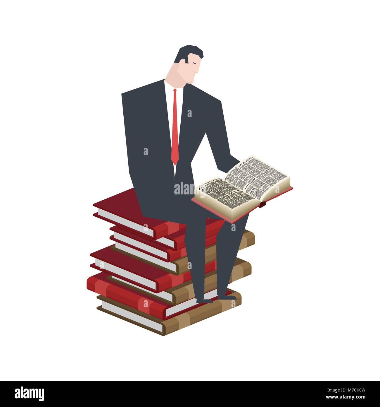 Businessman sitting on stack of books. Boss is reading book. Vector ...