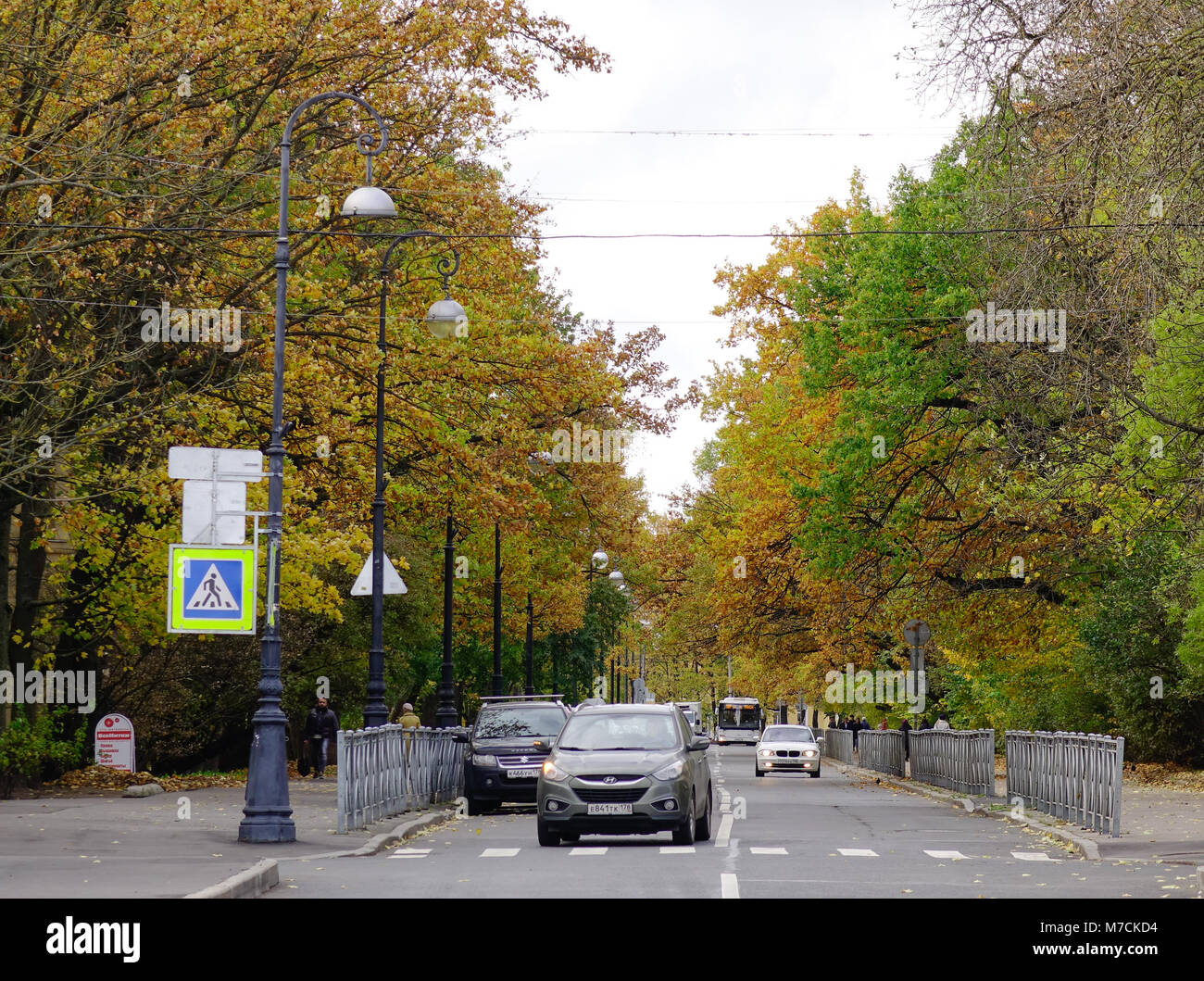 Moscow, Russia - Oct 7, 2016. Cars on street at autumn in Moscow ...