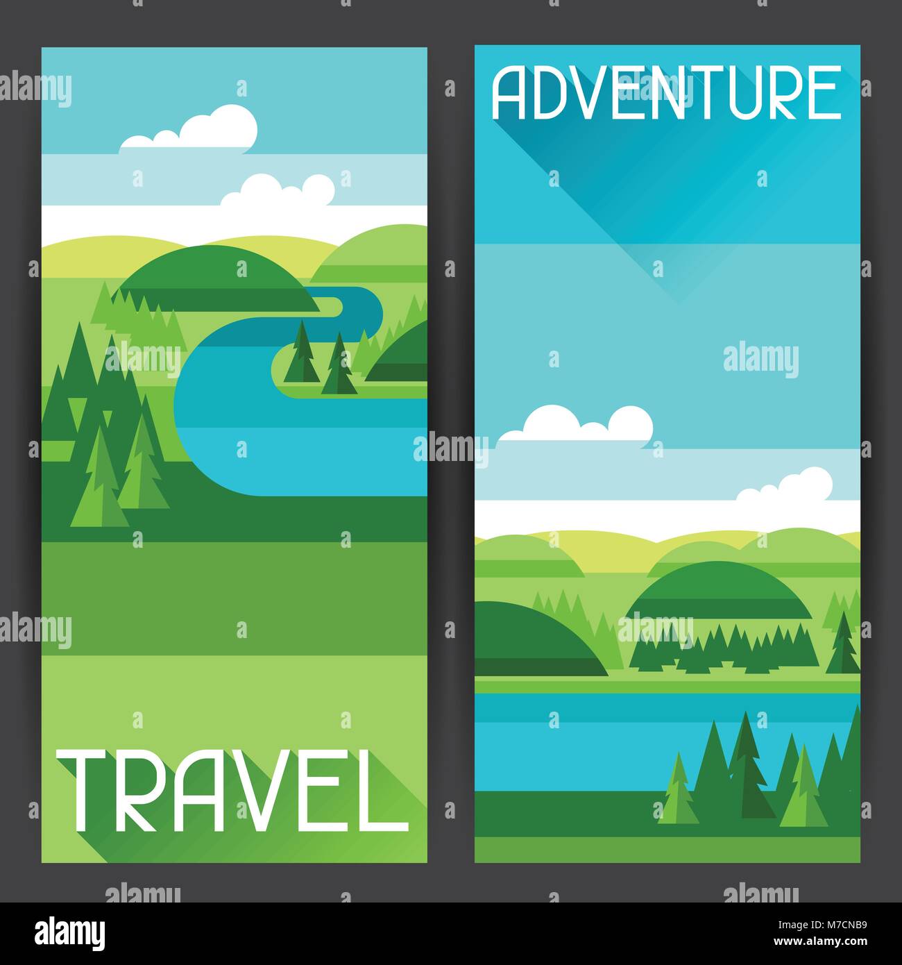 Banners with illustration of river landscape and fields in flat style ...