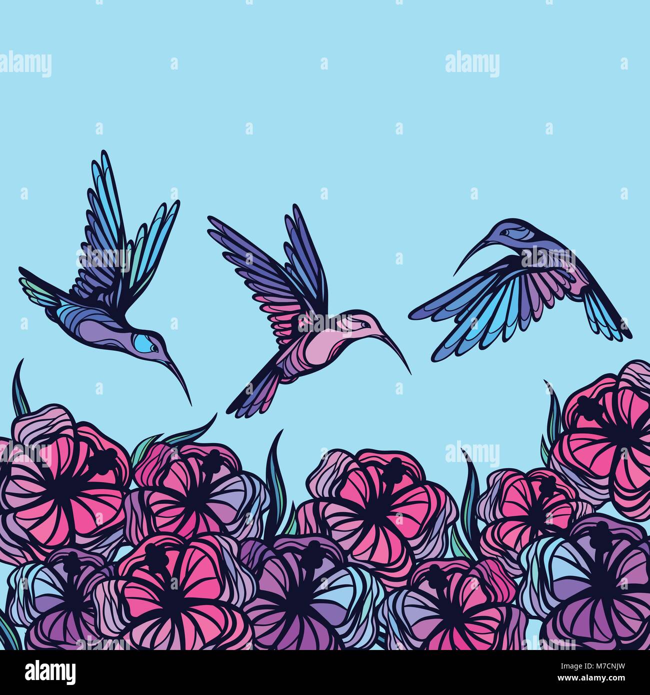 Flying tropical stylized hummingbirds with flowers background Stock ...