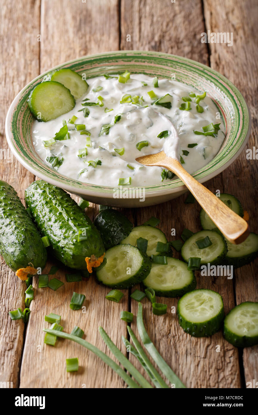Homemade Indian raita dressing with herbs, spices and cucumber close-up ...