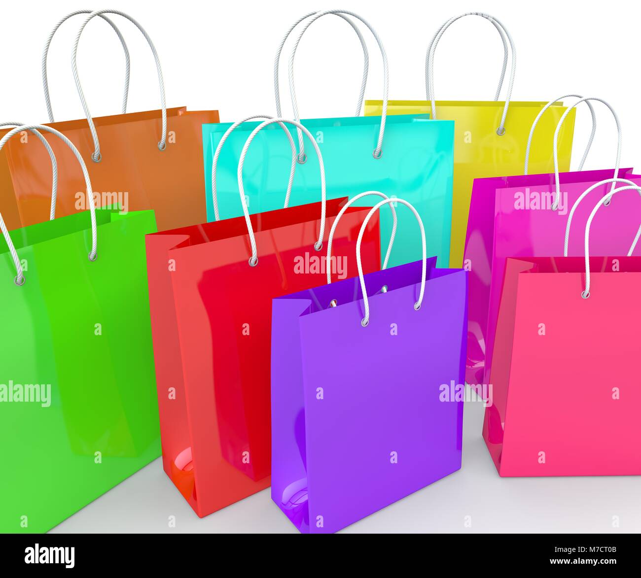 Multicolored empty bags for goods and products on a white isolated ...
