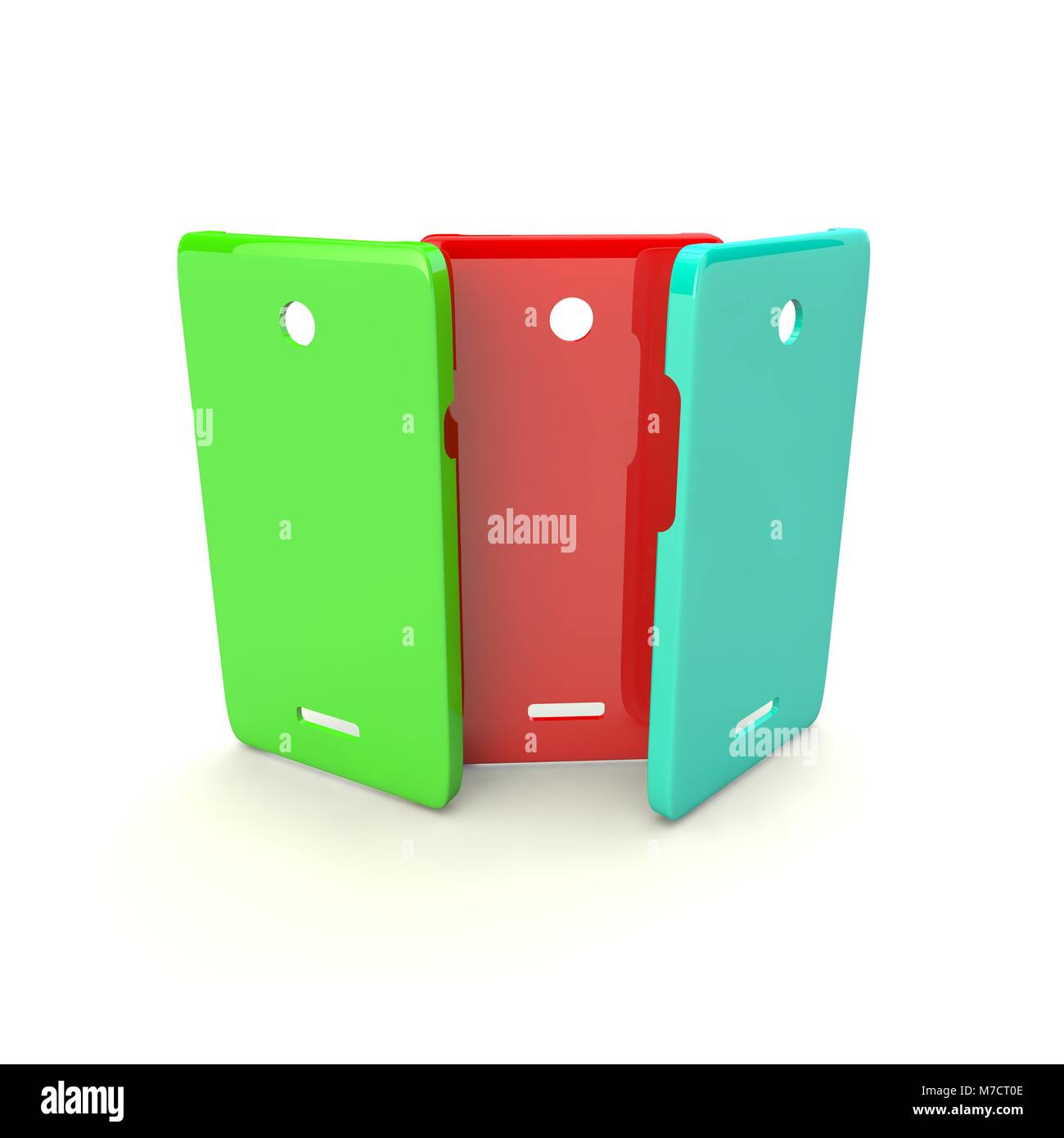 Multi-colored covers for smartphones on a white isolated background. 3D ...