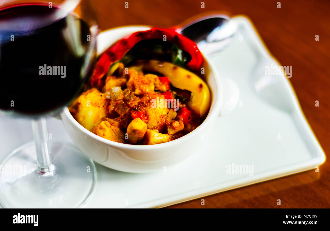 Traditional Hungarian goulash with beef, potatoes, tomatoes and peppers ...