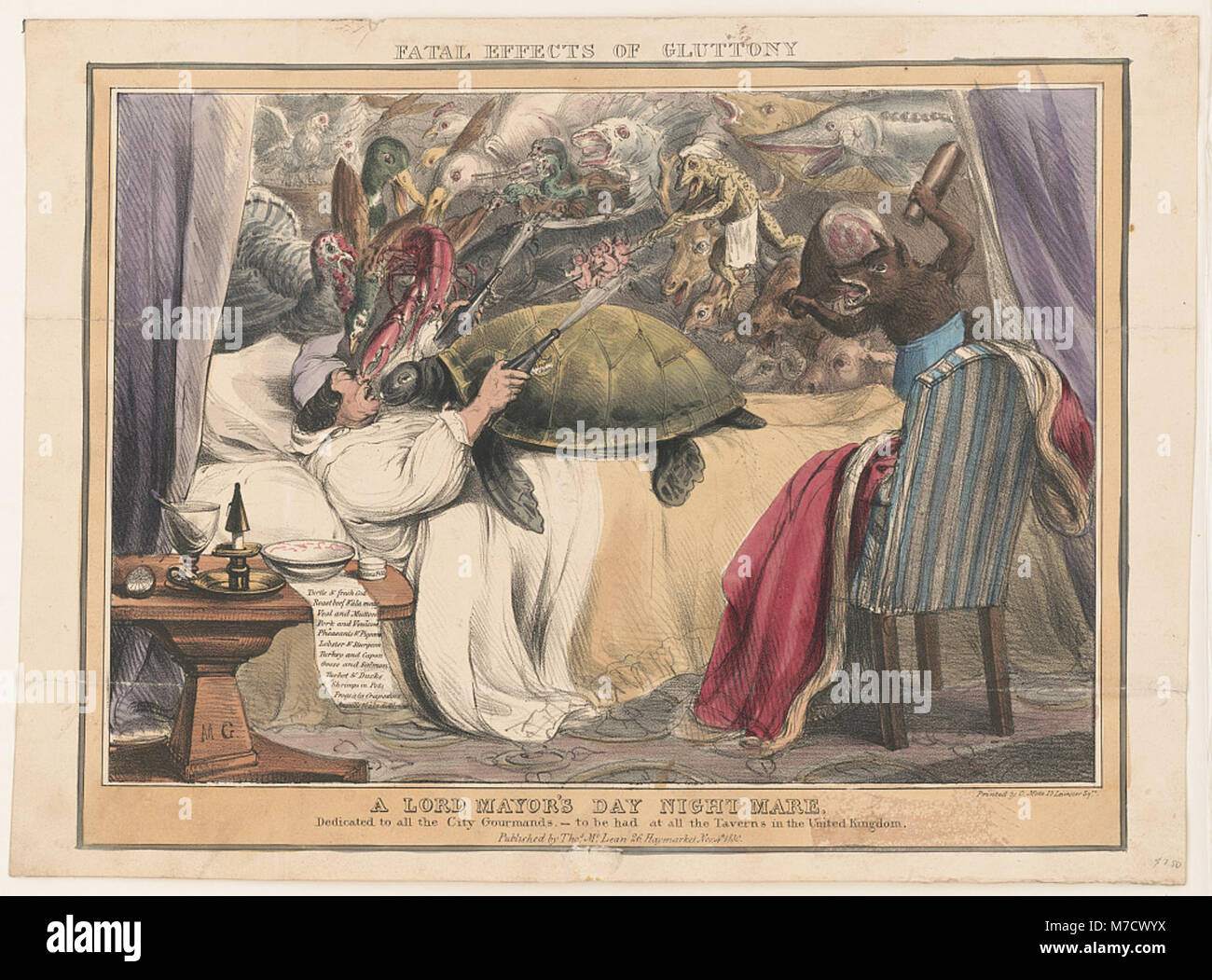 This illustration contrasts two scenes: the fatal effects of gluttony ...