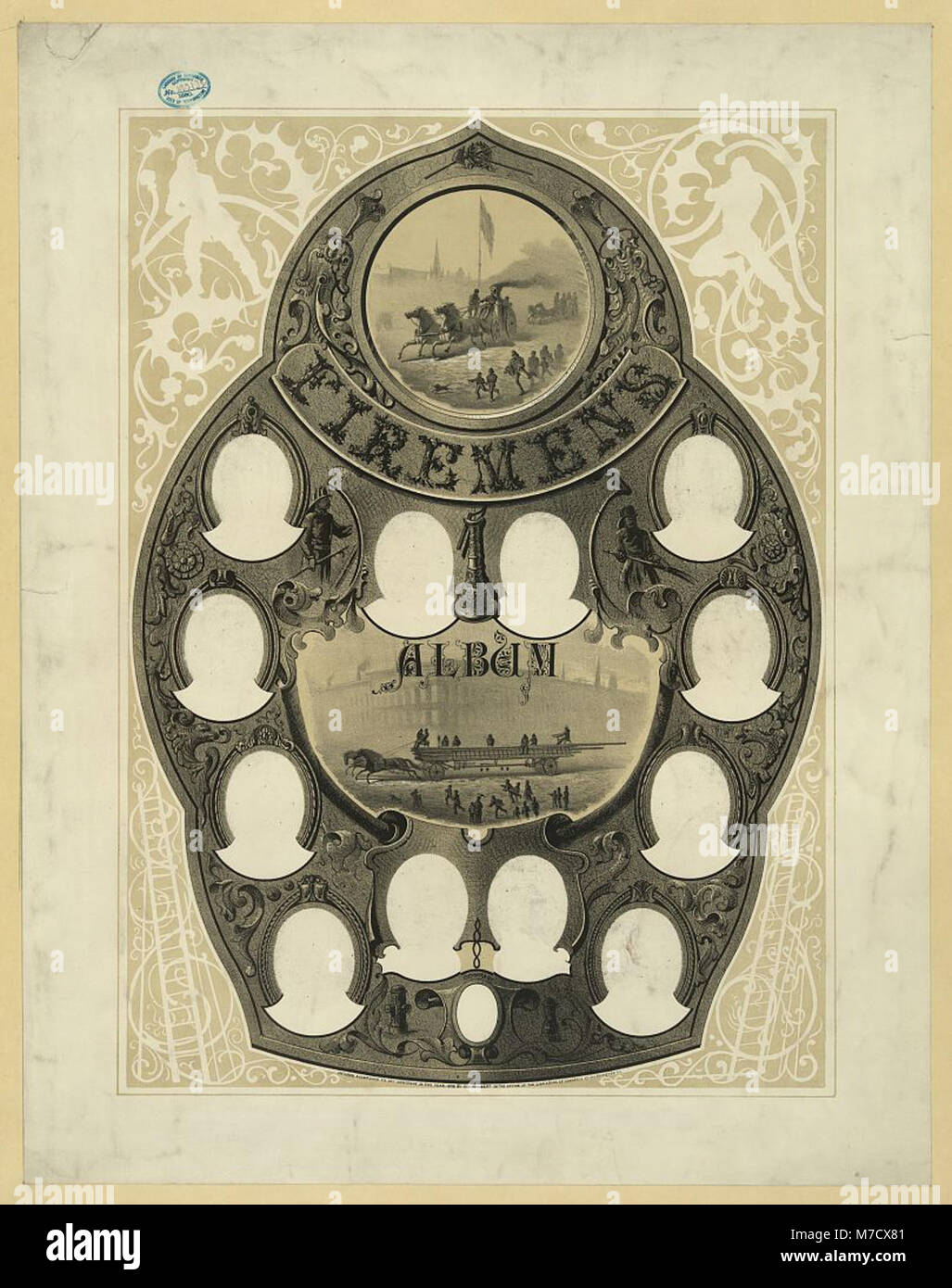 A historical album depicting firefighters in various poses and ...