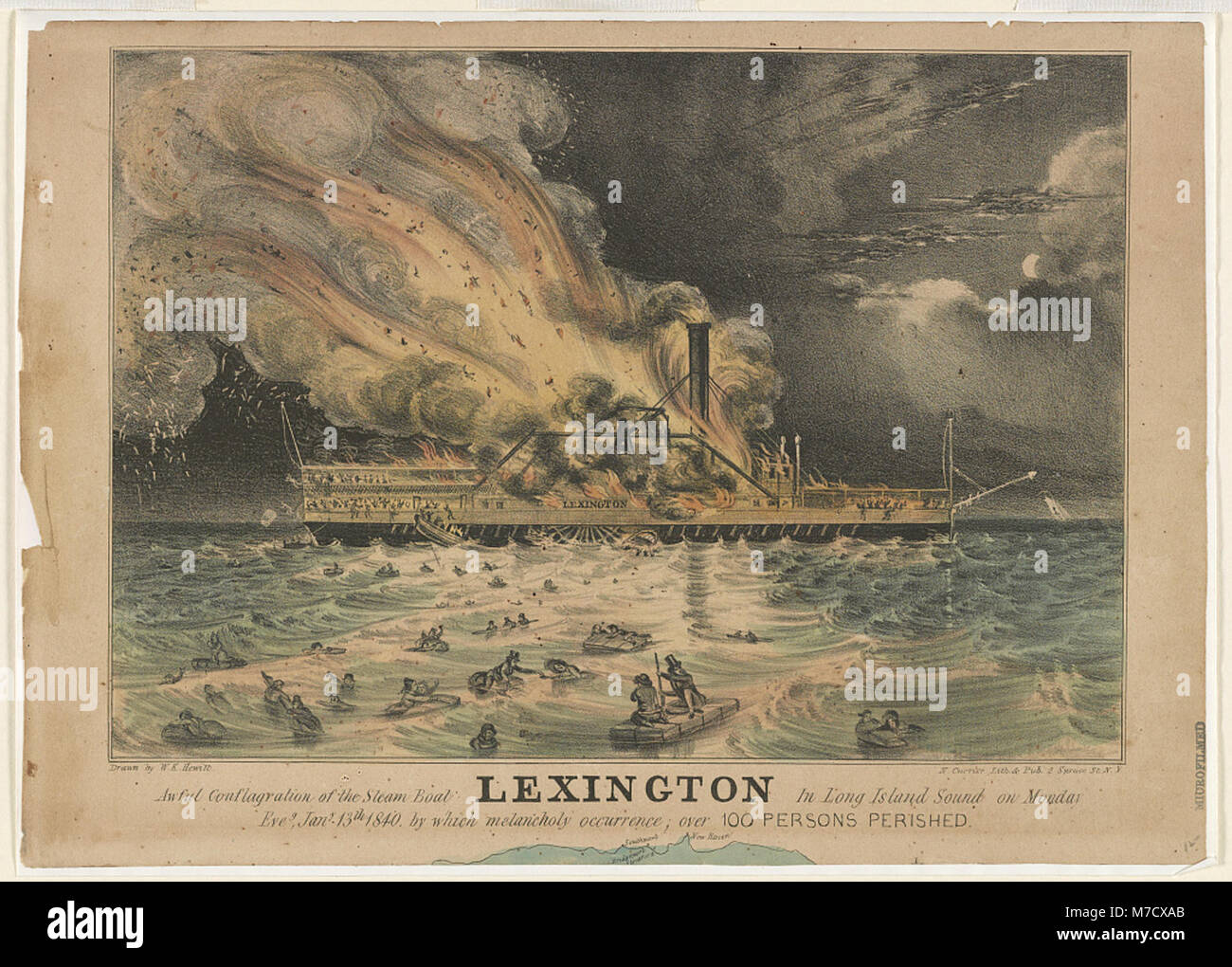 This image depicts the tragic fire aboard the steamboat Lexington in ...