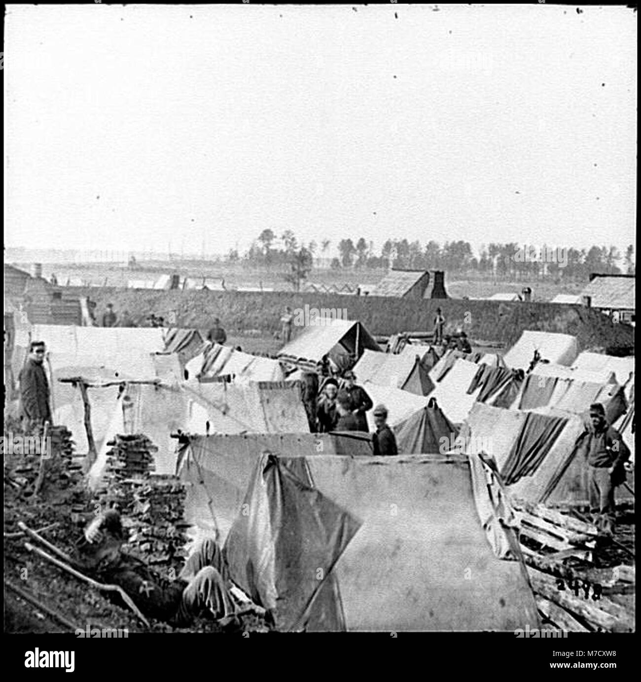 A historical view of Fort Burnham in Virginia, depicting the encampment ...