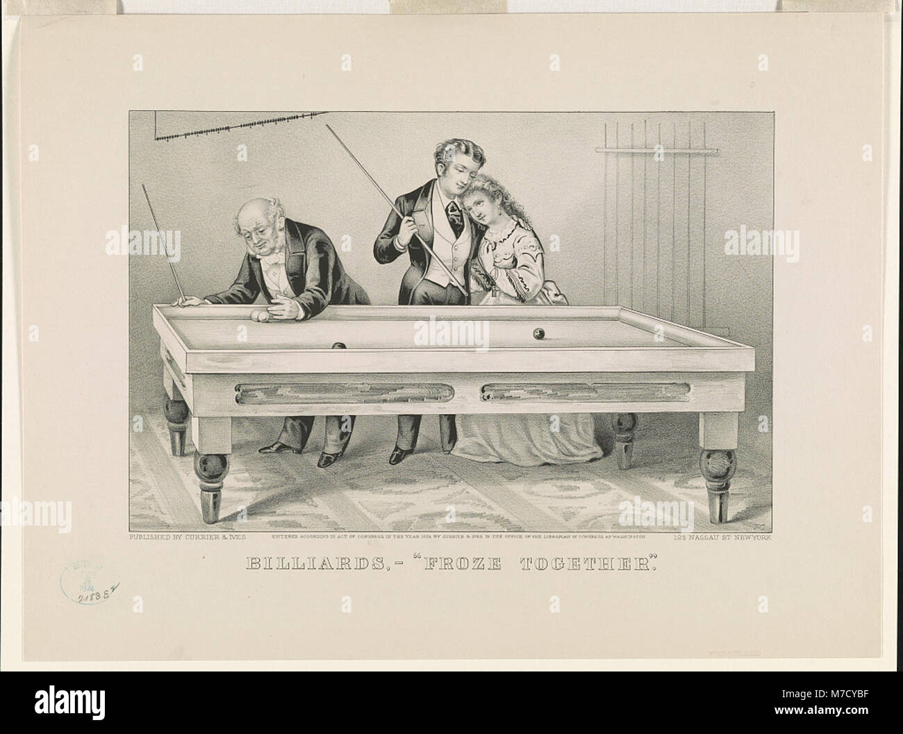 This photograph shows a billiards game with players seemingly frozen ...