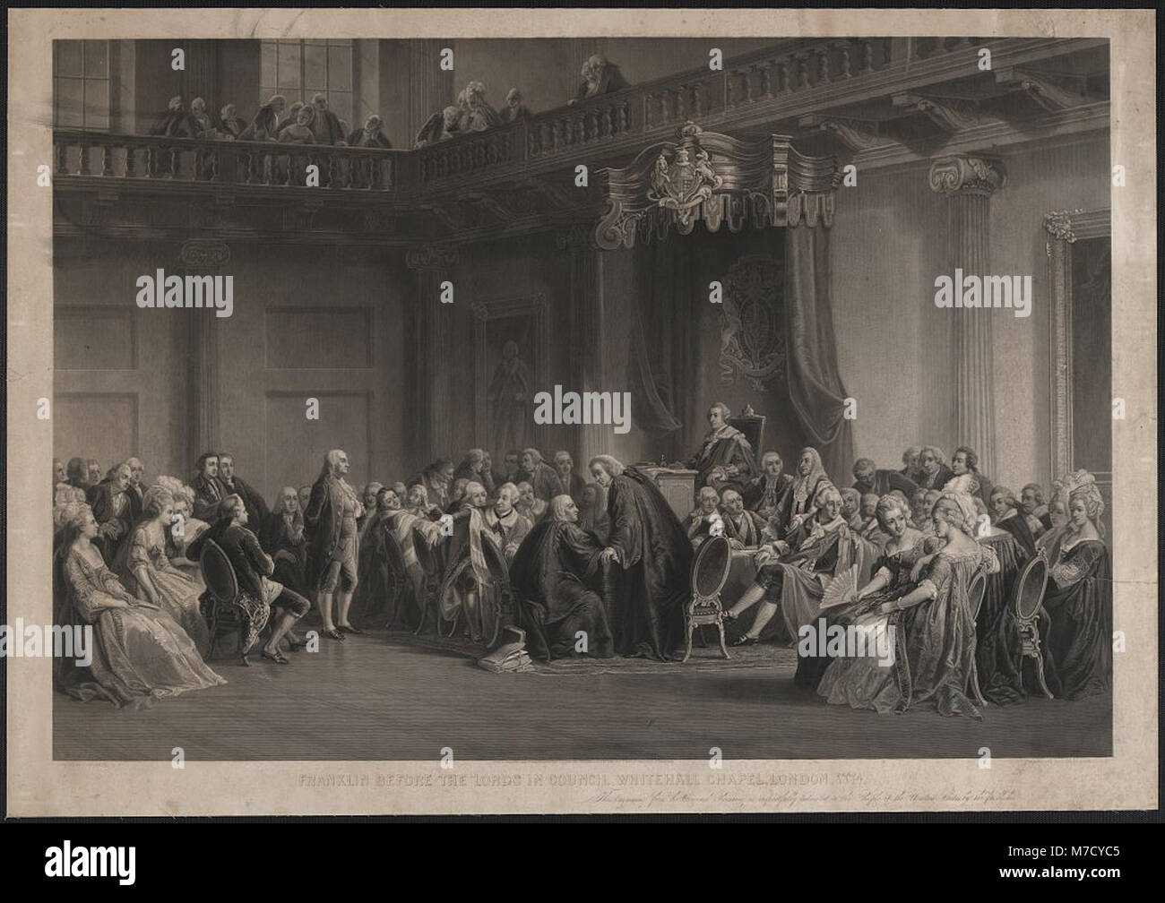 This engraving depicts Benjamin Franklin presenting himself before the ...