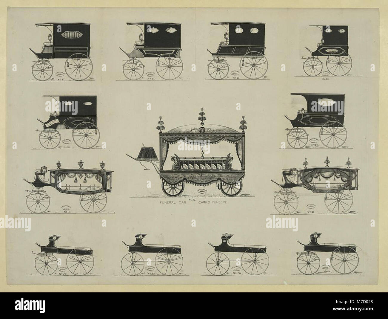 A photograph of funeral cars numbered 17-30, reflecting transportation ...