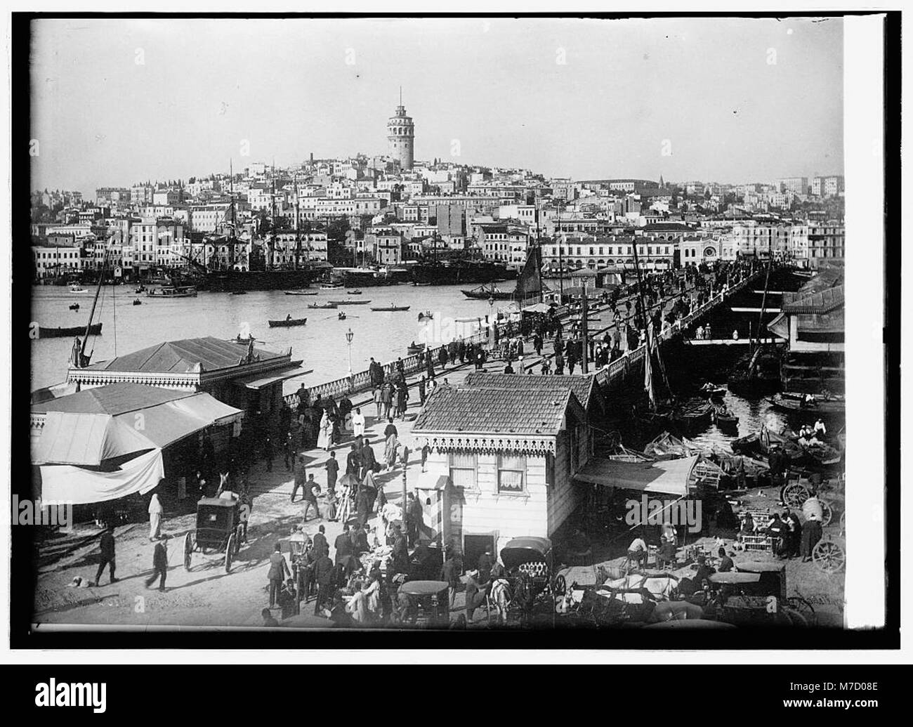 The Galata Bridge in Constantinople (modern-day Istanbul) is captured ...