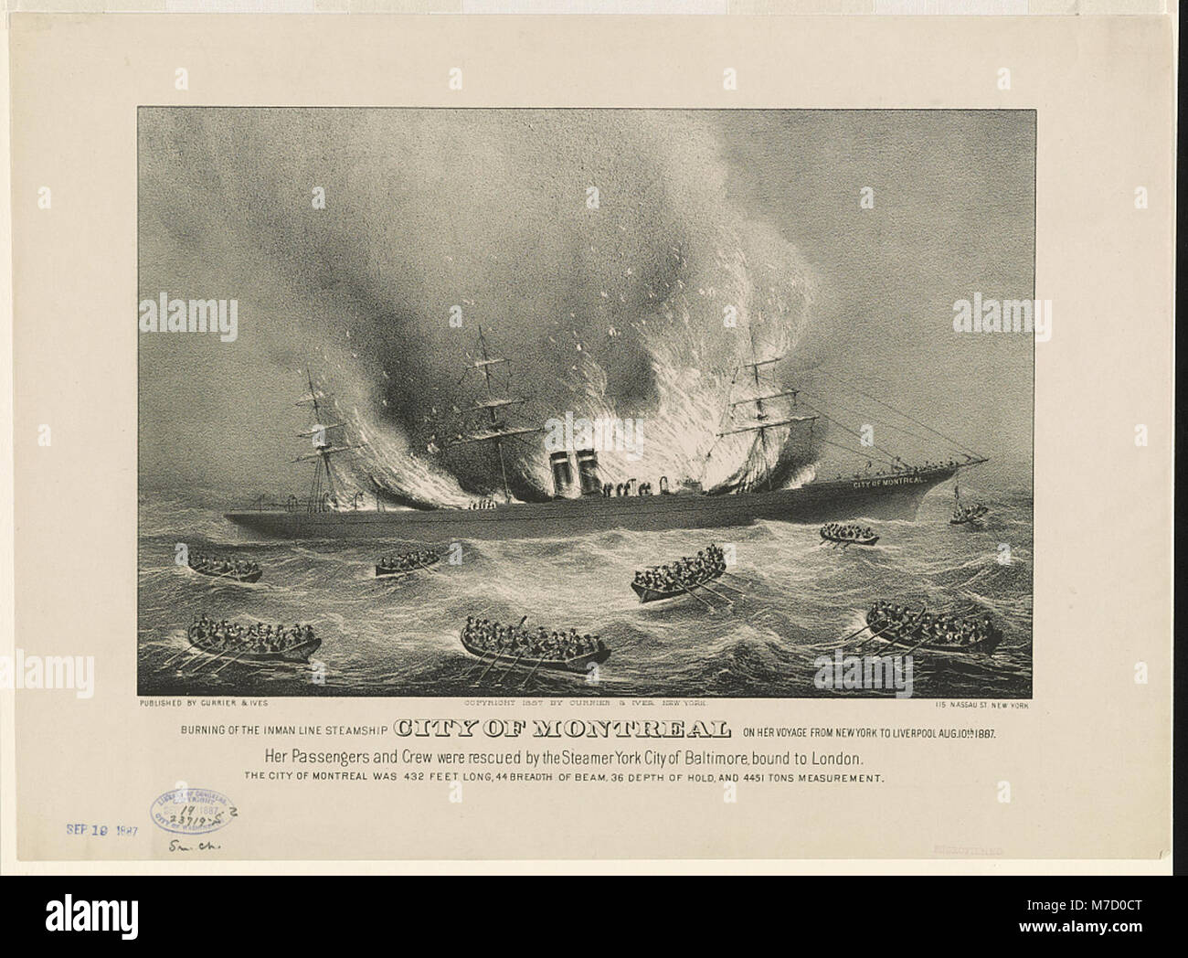 A photograph capturing the dramatic burning of the Inman Line steamship ...