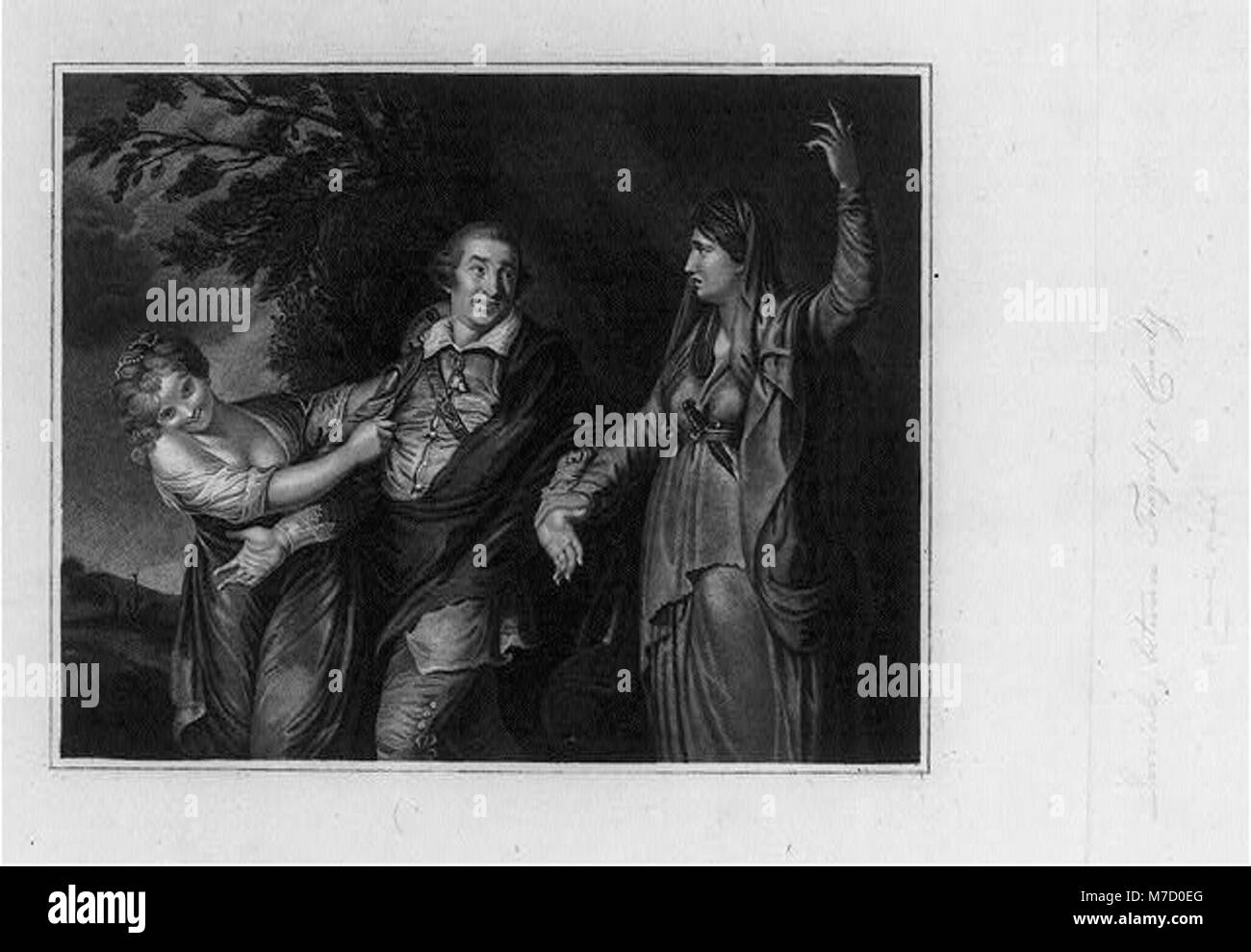 A theatrical portrayal of actor David Garrick, depicted between two ...